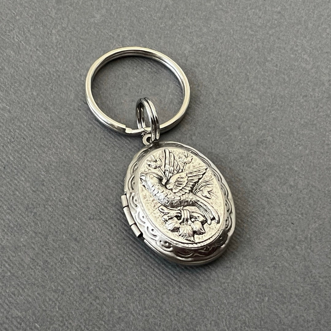 Floral Bird Locket Key Ring Nature Inspired Unisex Oval Locket Key ...
