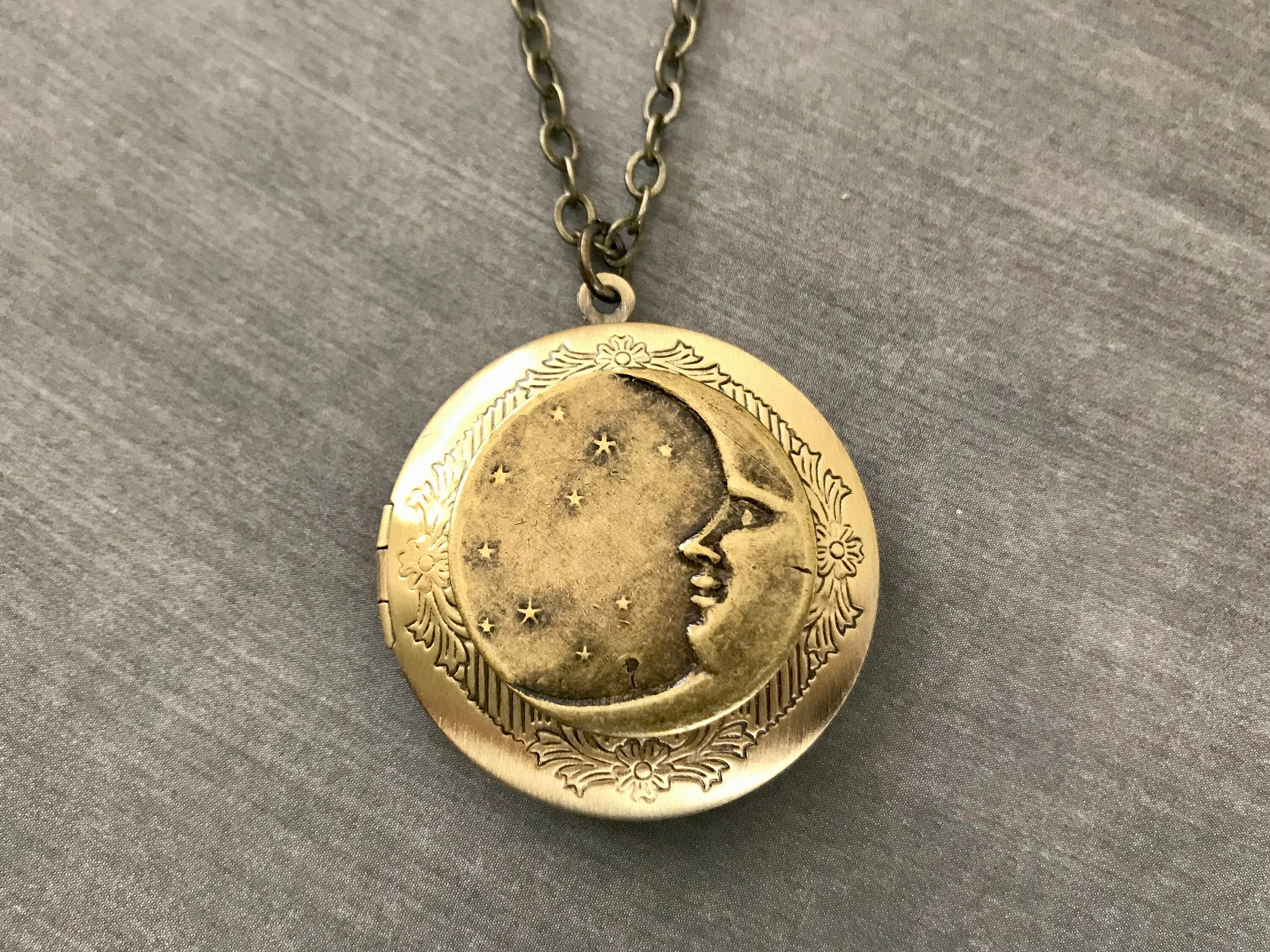 Celestial Locket Quarter Moon Stars Man in the Moon Unisex | Etsy