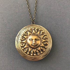 XL Celestial Locket Bold Sun Face Statement Necklace Antique Brass ...
