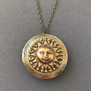 XL Celestial Locket Bold Sun Face Statement Necklace Antique Brass ...