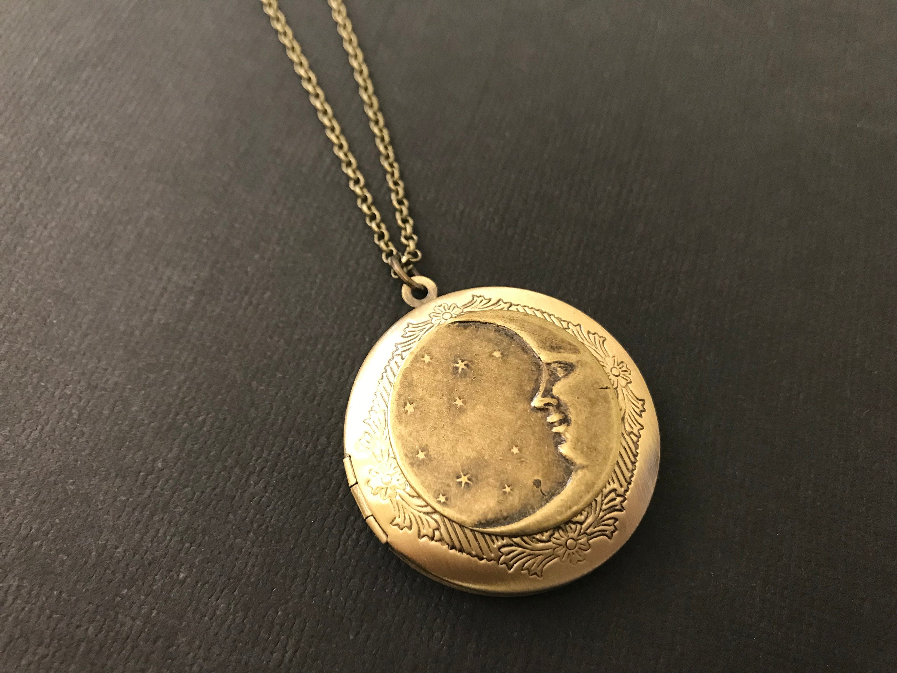 Celestial Locket Quarter Moon Stars Man in the Moon Unisex | Etsy