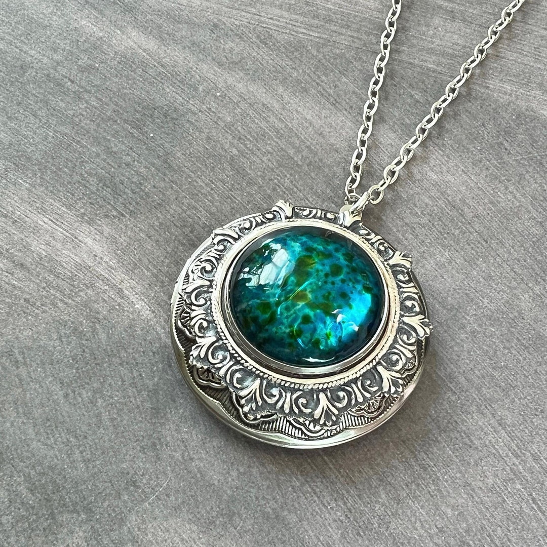 XL Statement Locket Vintage Style Victorian Locket Blue Green Glass ...