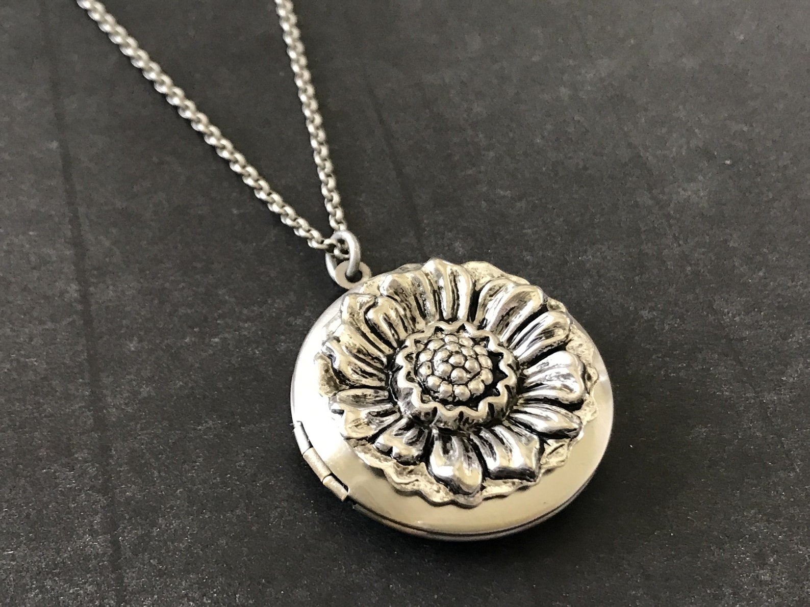 Silver Sunflower Locket Floral Pendant Round Flower Locket - Etsy