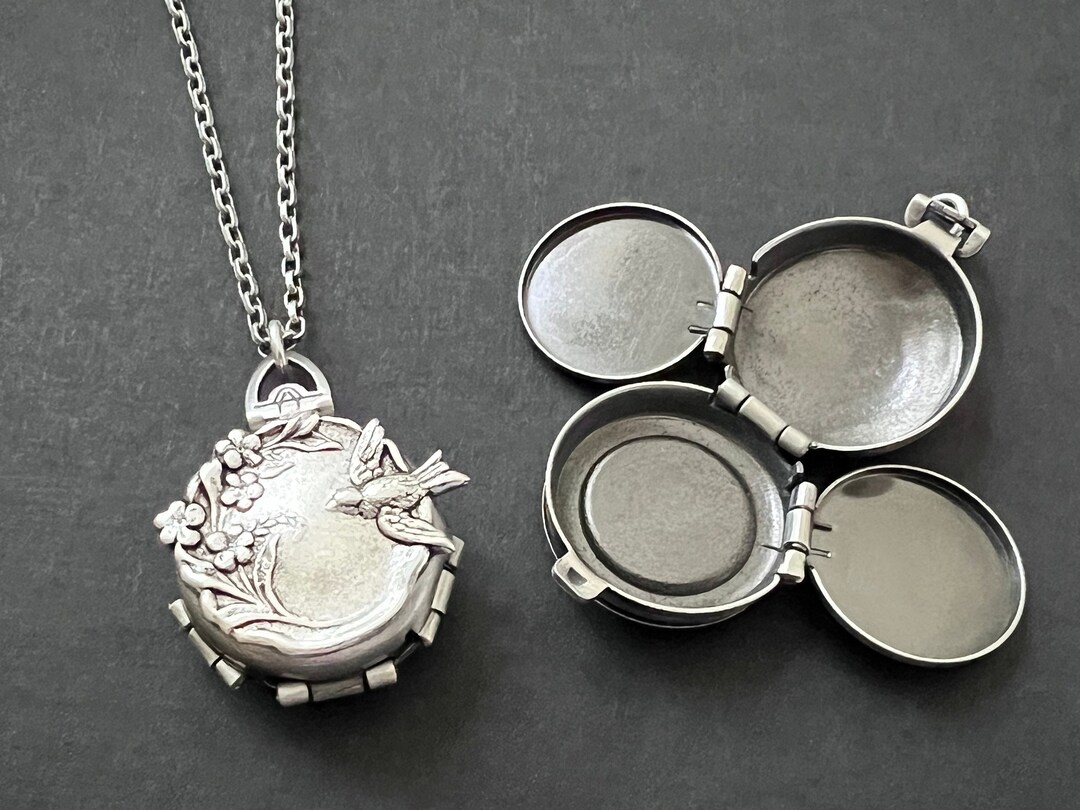 Bird Garden Locket Botanical 4 Photos Ant. Silver Folding Locket ...