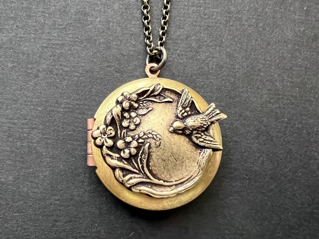 Vintage Botanical Locket Patina Bird Locket Necklace Raw Brass Unisex ...