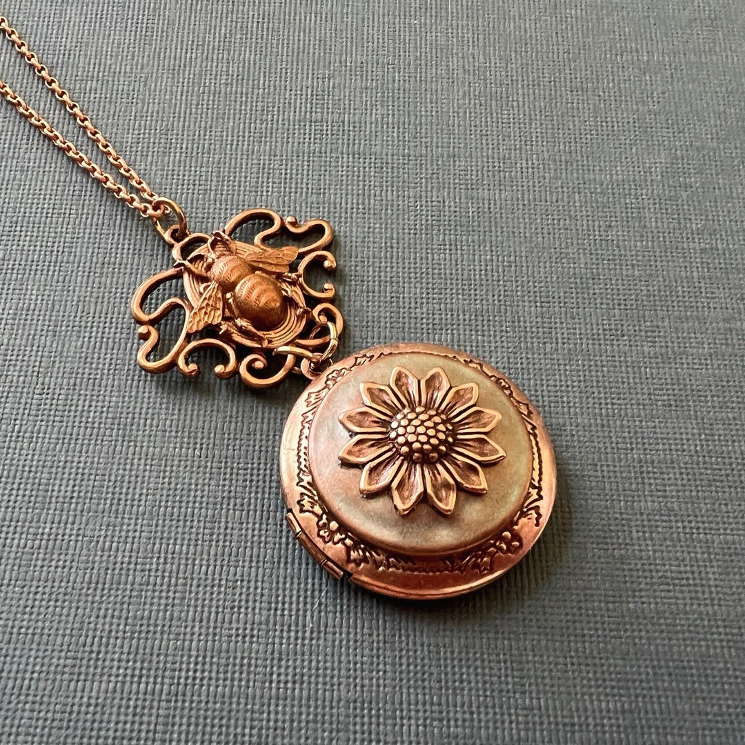 Bee Sunflower Locket Necklace Rose Gold Bee Vintage Inspired Nature ...