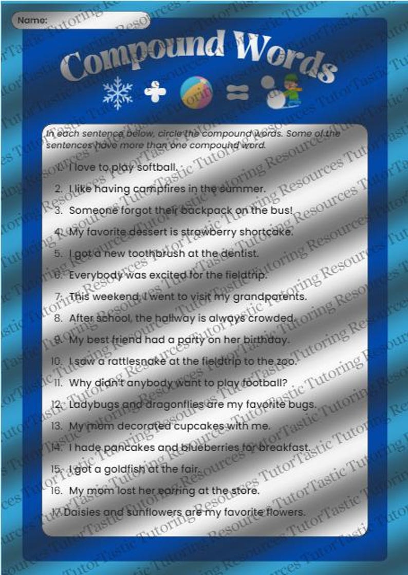 Compound Words Workbook - Etsy