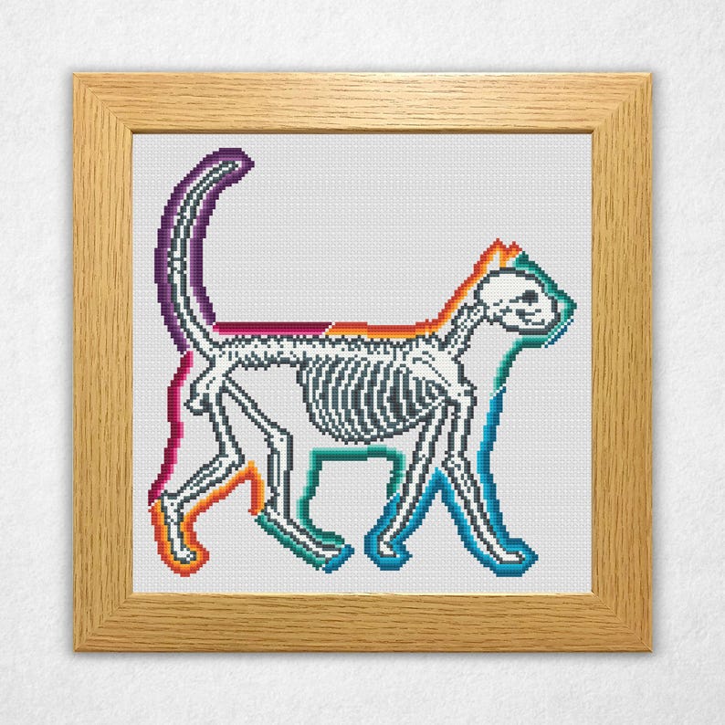 Neon Cat Skeleton - Cross Stitch Pattern PDF, Vaporwave Retro Style ...