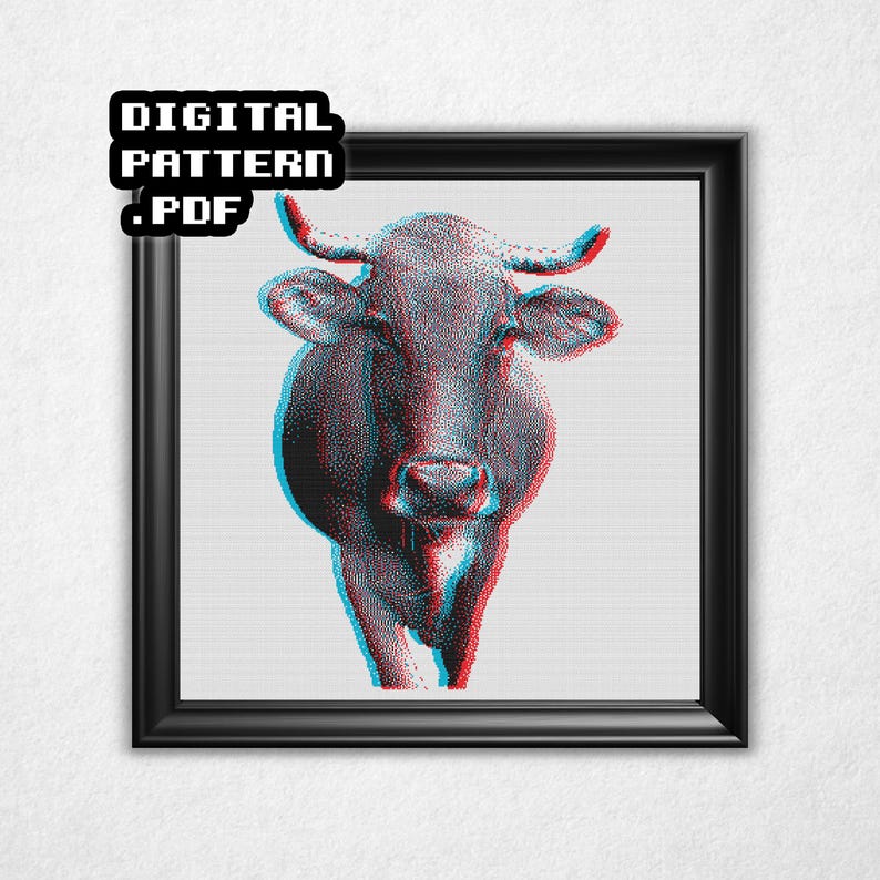 3D Cow Cross Stitch Pattern PDF - Anaglyph 3-D Bitmap Style Counted ...