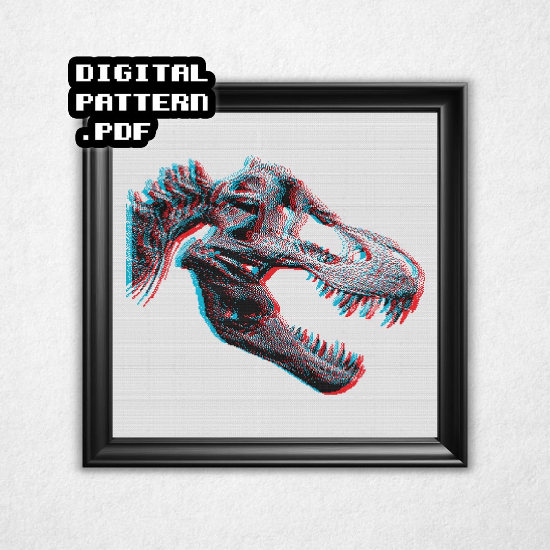 3D T-rex Skull Cross Stitch Pattern PDF - Anaglyph 3-D Bitmap Style ...