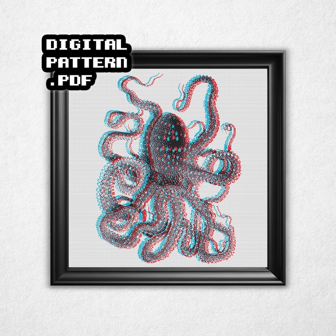 3D Giant Octopus Cross Stitch Pattern PDF - Anaglyph 3-D Bitmap Style ...