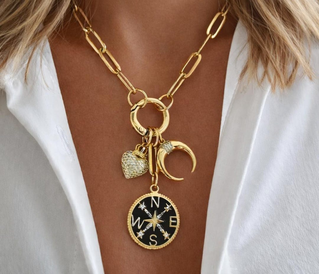 Gold Charm Necklace: Enamel Compass, Heart & Moon - Talisman Jewelry - Etsy