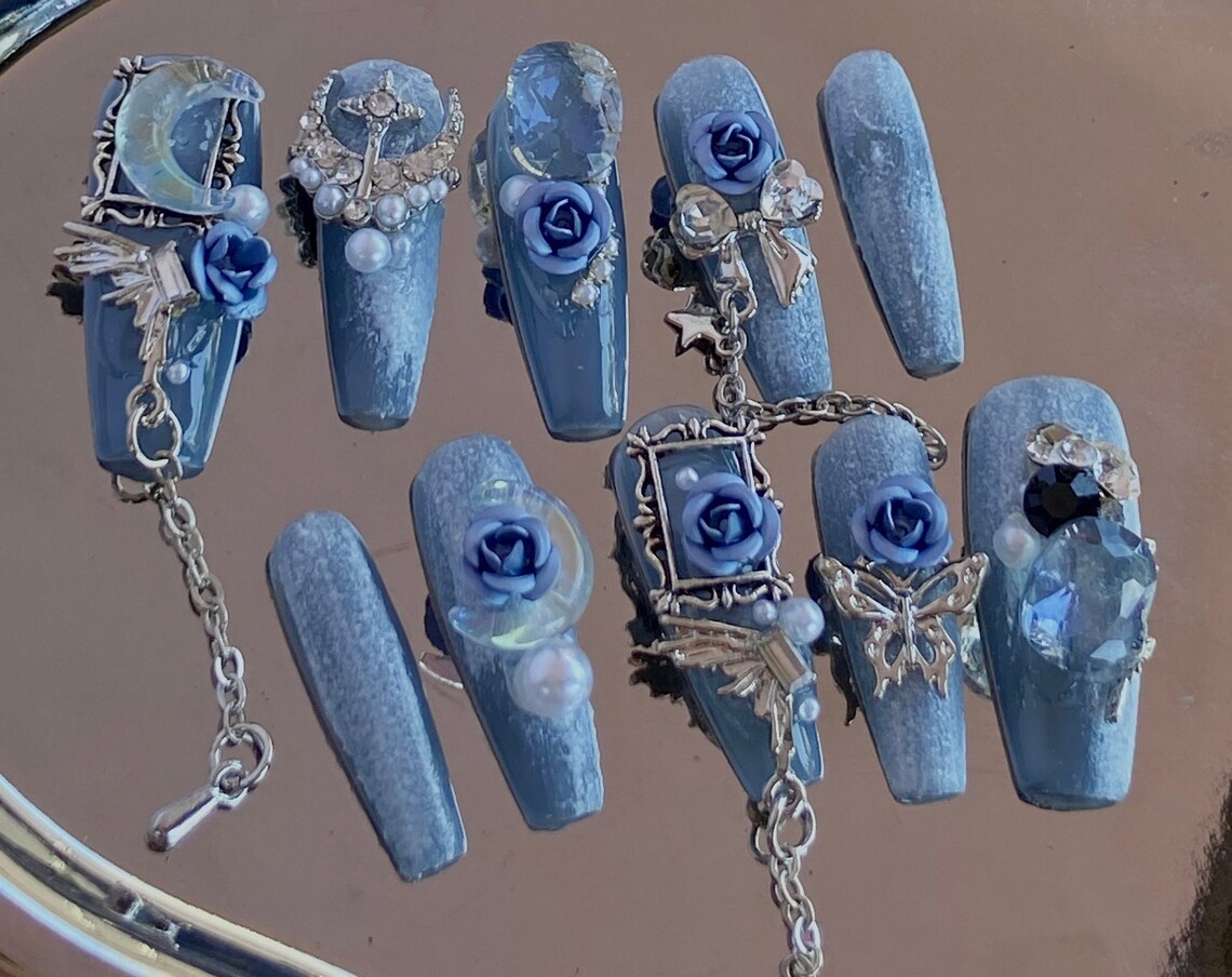 3D Nails Blue Rose |premium Hand Made|press on Nail|perfect Gift|nail ...