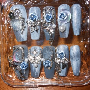 3D Nails Blue Rose |premium Hand Made|press on Nail|perfect Gift|nail ...