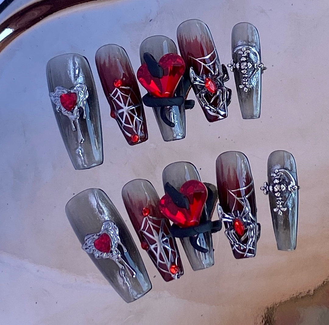 3D Bad Blood Nail Spider Heart Snake Goth Dark Red|premium Hand Made ...