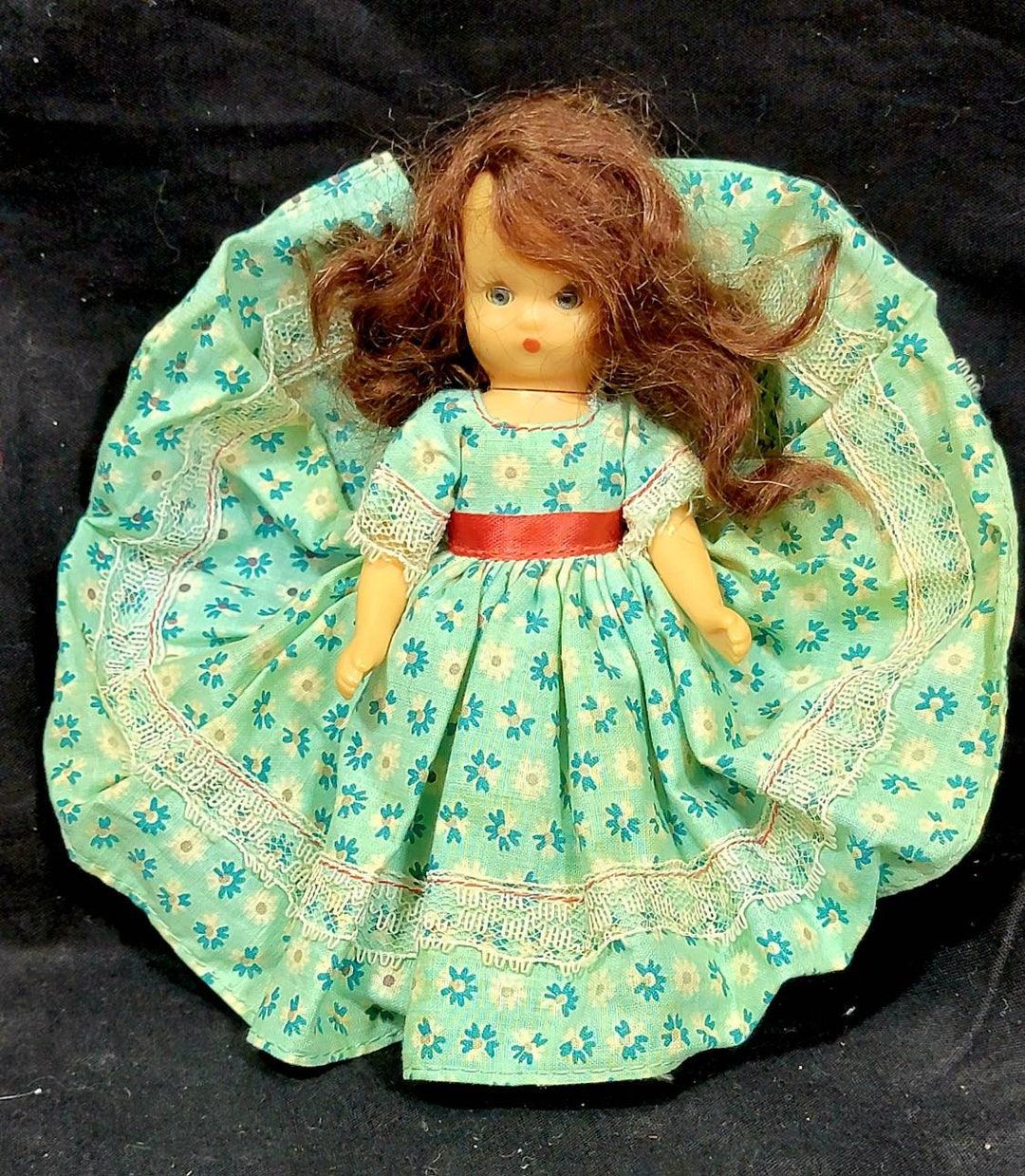 Nancy Ann Story Book Doll, Mint Green Flowered Print Dress With Red Tie ...