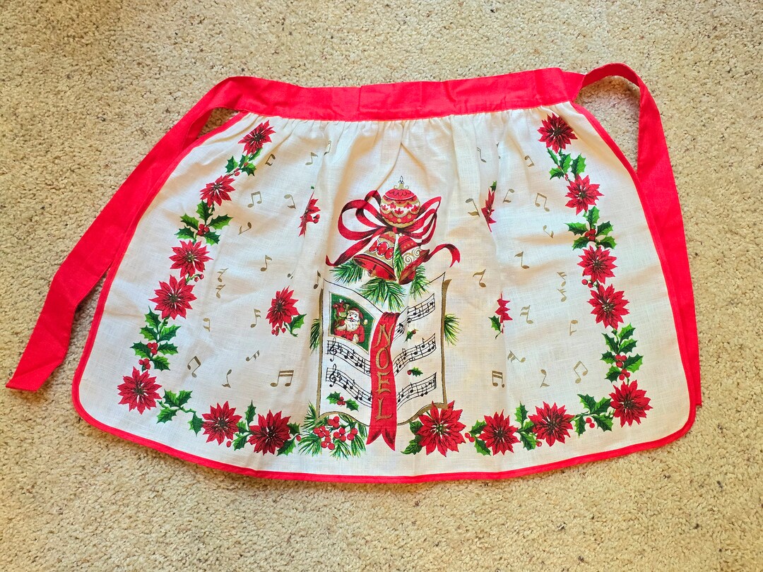 Vintage Christmas Apron Santa Claus Poinsettia Bells, Linen and Cotton ...