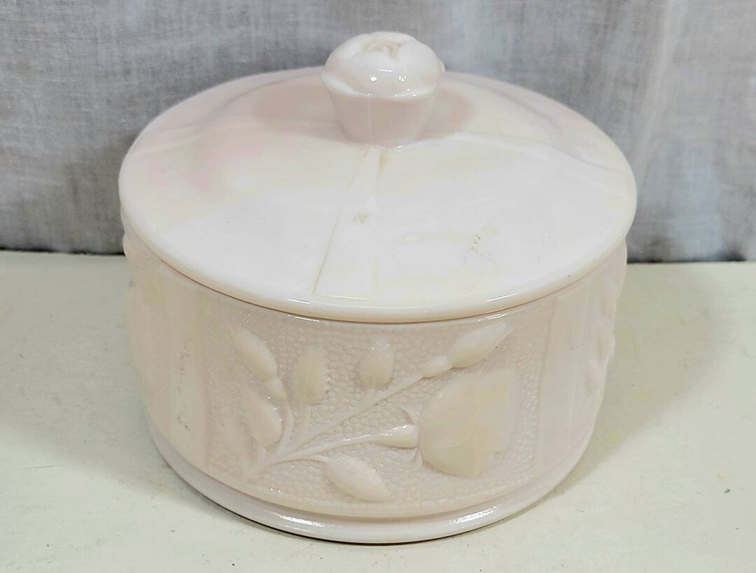 Jeannette Powder Jar & Lid, Shell Pink Milk Glass, Flowered Design - Etsy