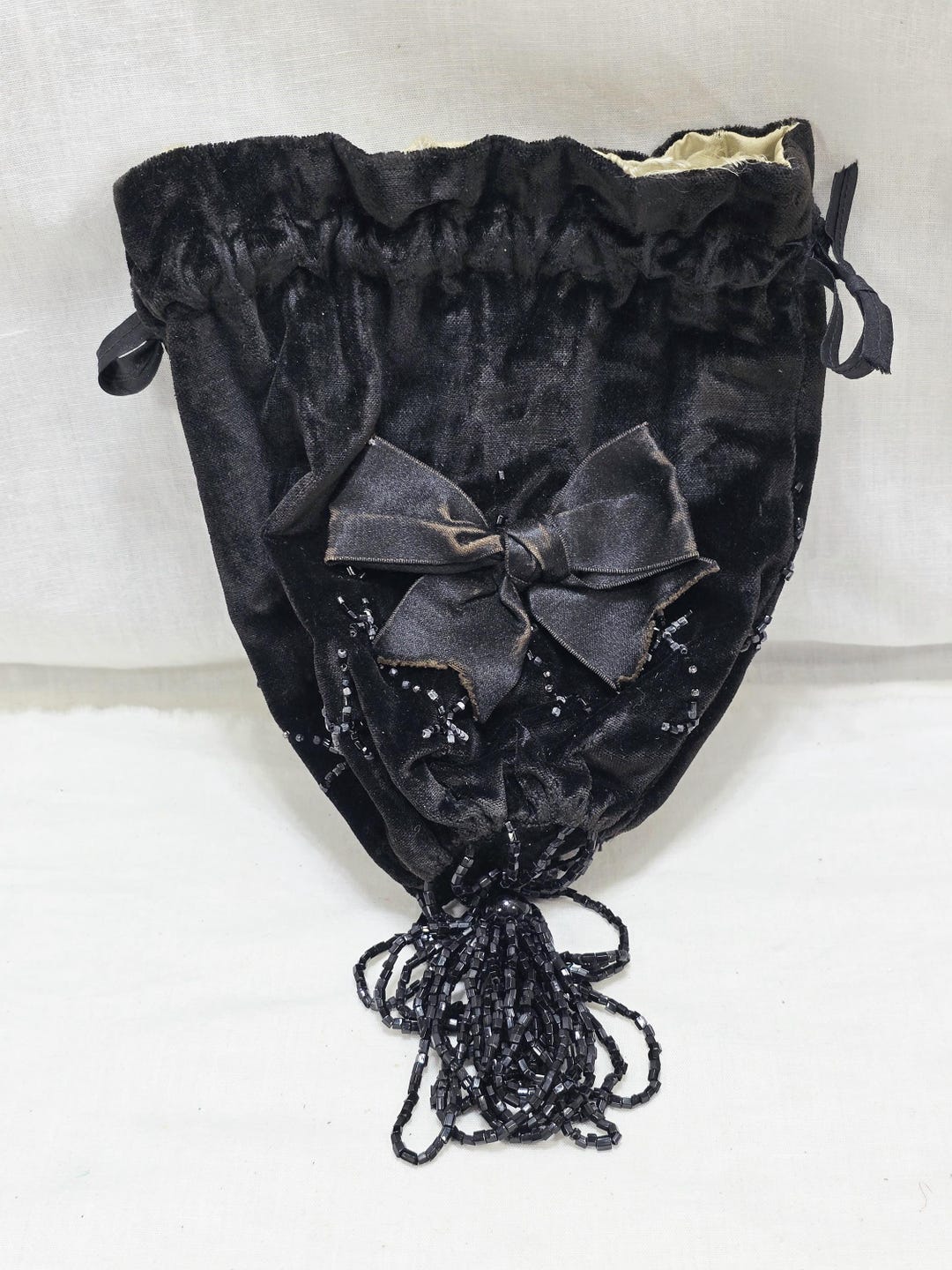 Reticule Drawstring Bag, Black Velvet With Satin Accents and Bead ...