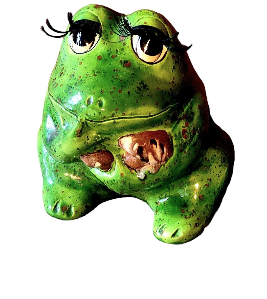 Large Spotted Green Ceramic Frog Planter Long Fake Eyelashes Mushrooms ...