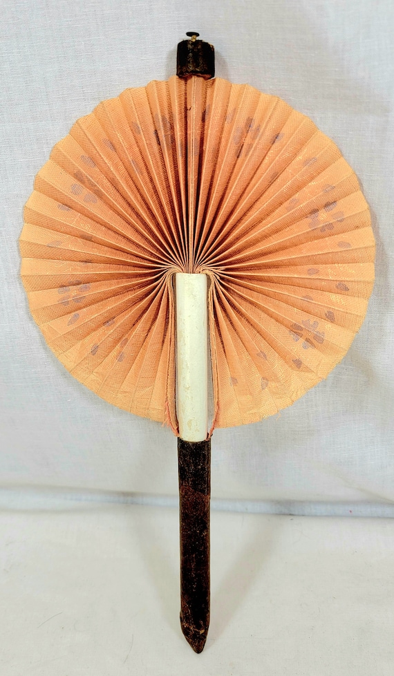 Antique Geisha Hand Fan, Wooden Fabric Primitive - Gem