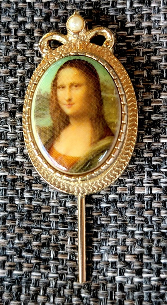 Vintage Mona Lisa Porcelain Stick Pin signed SARAHCOV - Gem