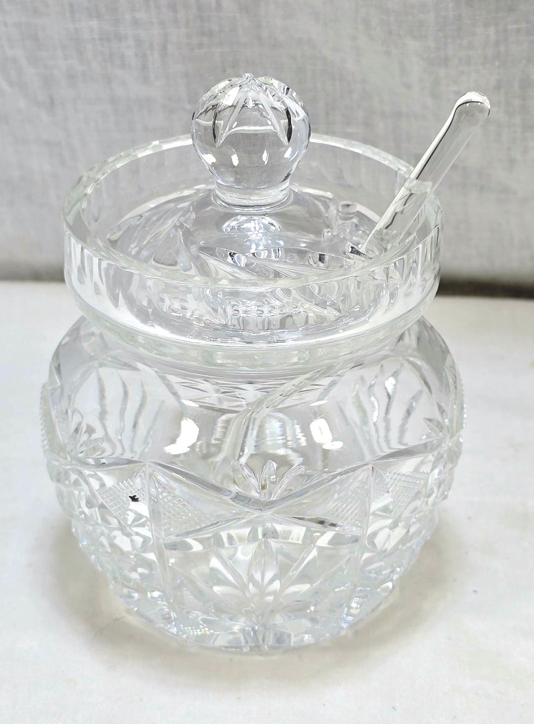 Vintage Cut Crystal Condiment Jam Honey Mustard Jar With Lid and Glass ...
