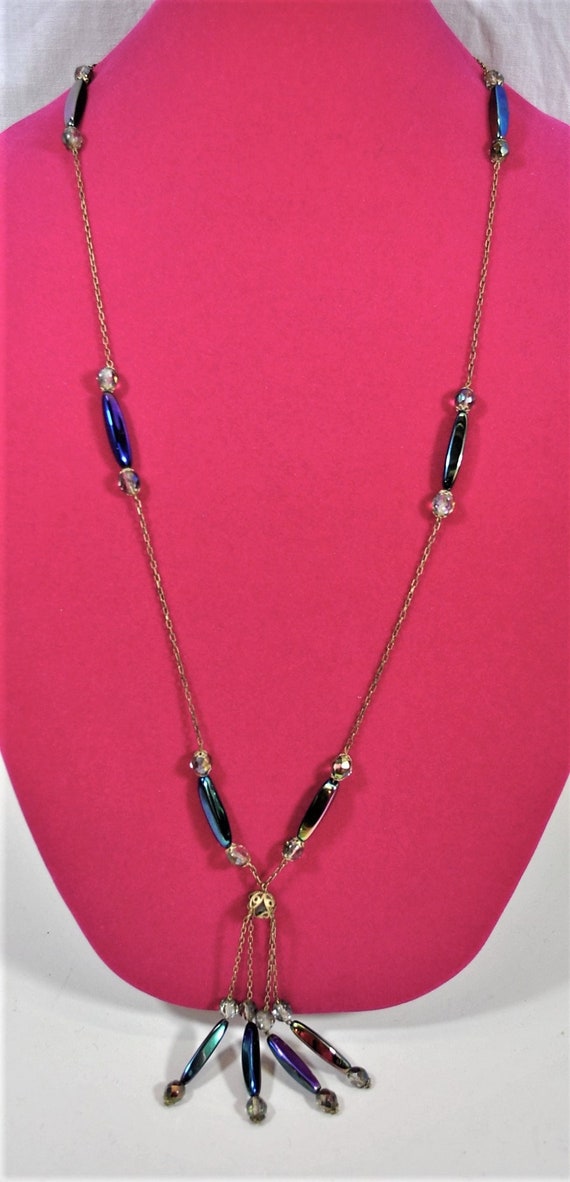 Vintage Carnival Glass Chain Necklace, Purple Blue Ir… - Gem