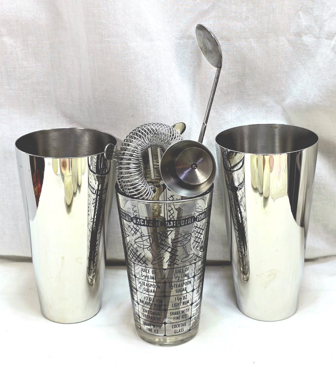 Vintage Barware Set, Stainless Tools and Mixers and Federal Glass ...