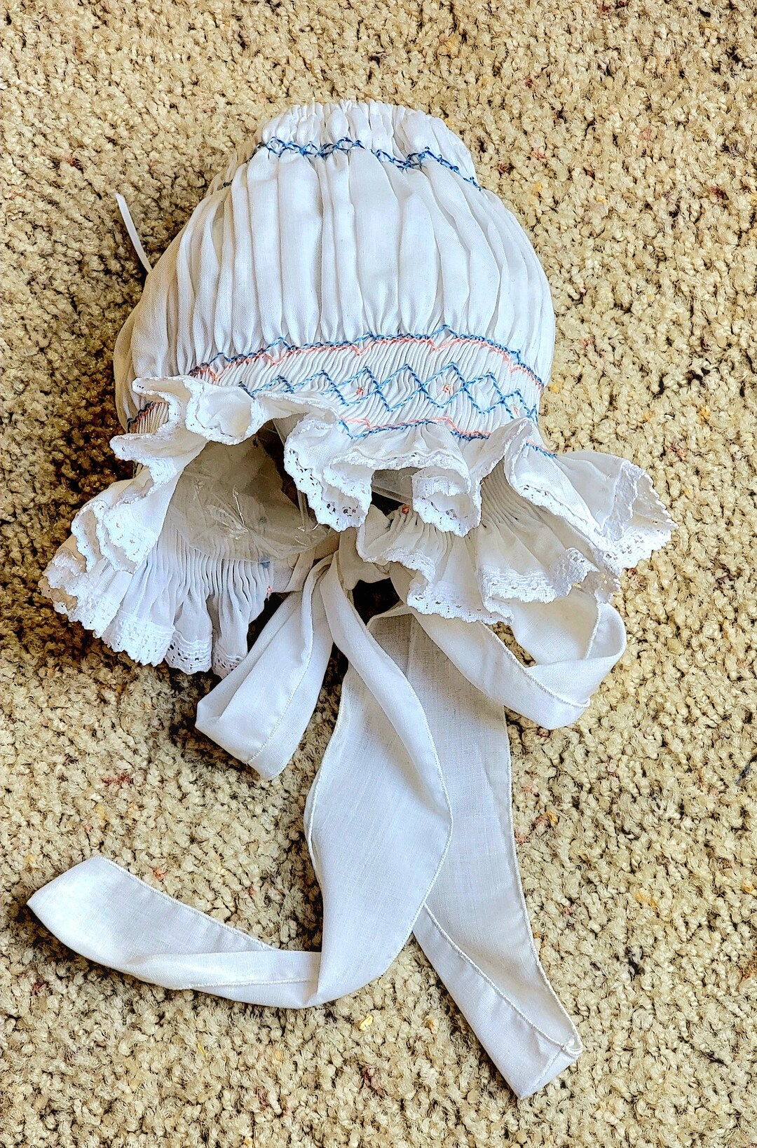 Vintage White Hand Smocked Bonnet in Blue and Pink for Baby and Toddler ...