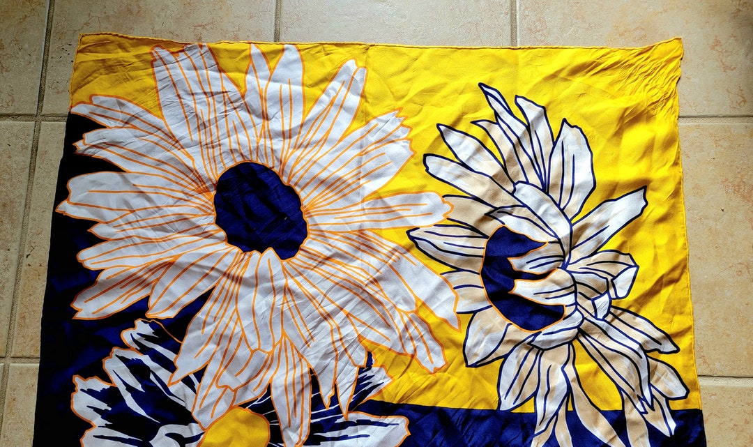 French Roger Castel Paris Silk Scarf, Navy White Yellows, Bold Flowers ...