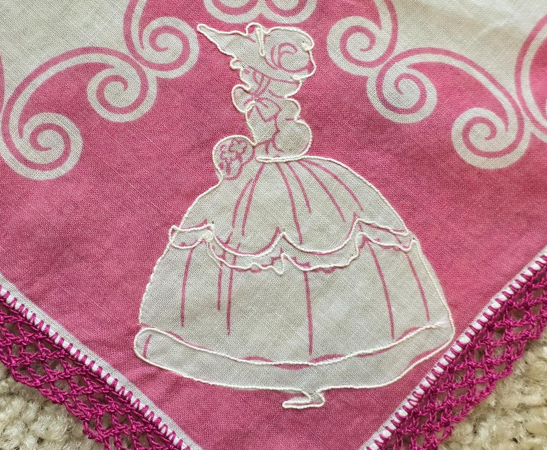 Vintage Handkerchief Depicting Young Victorian Woman, Pink and White ...