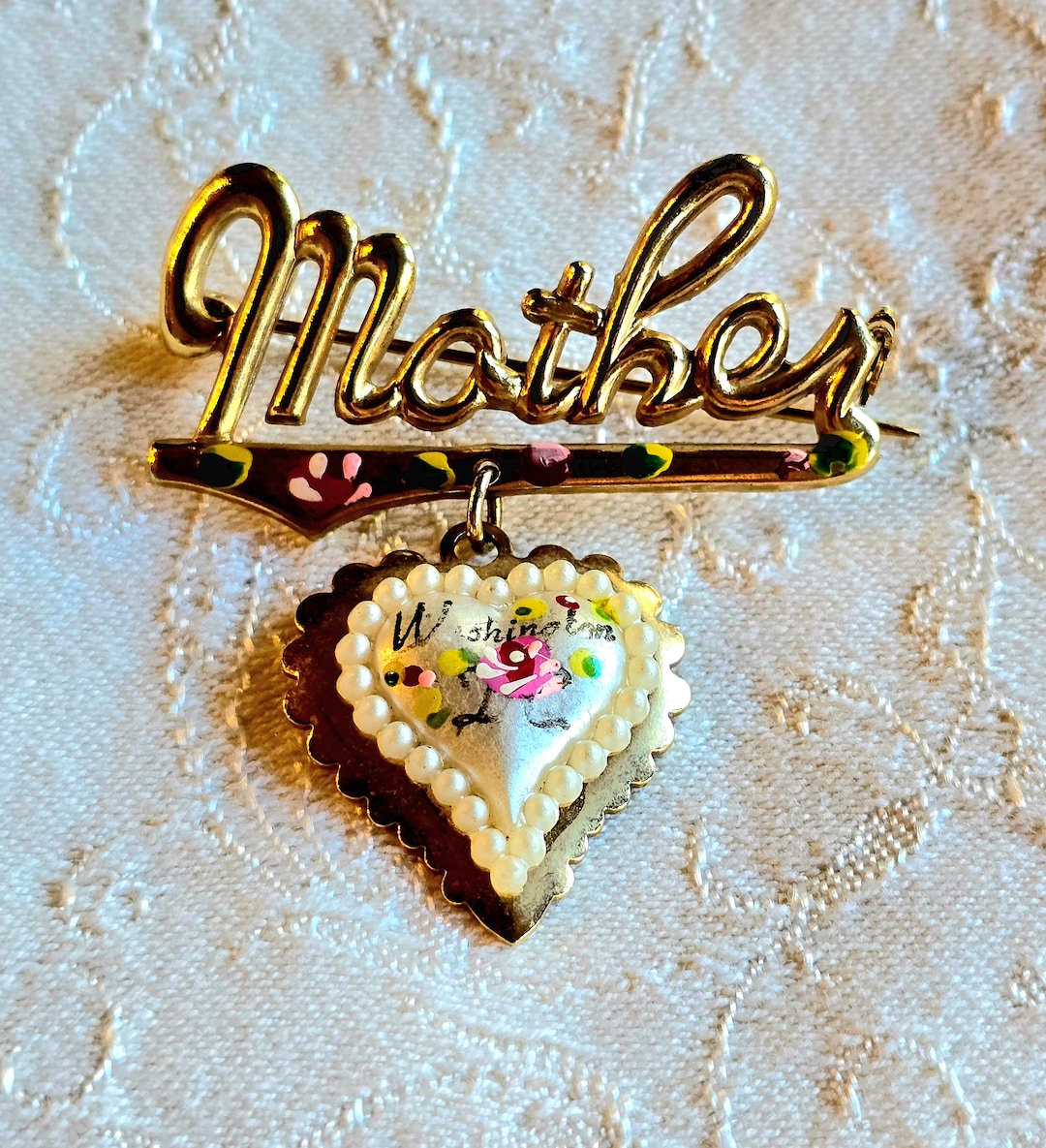 Mother Brooch, Carved Wire Cursive in Gold Tone With Heart Dangle, Hand ...