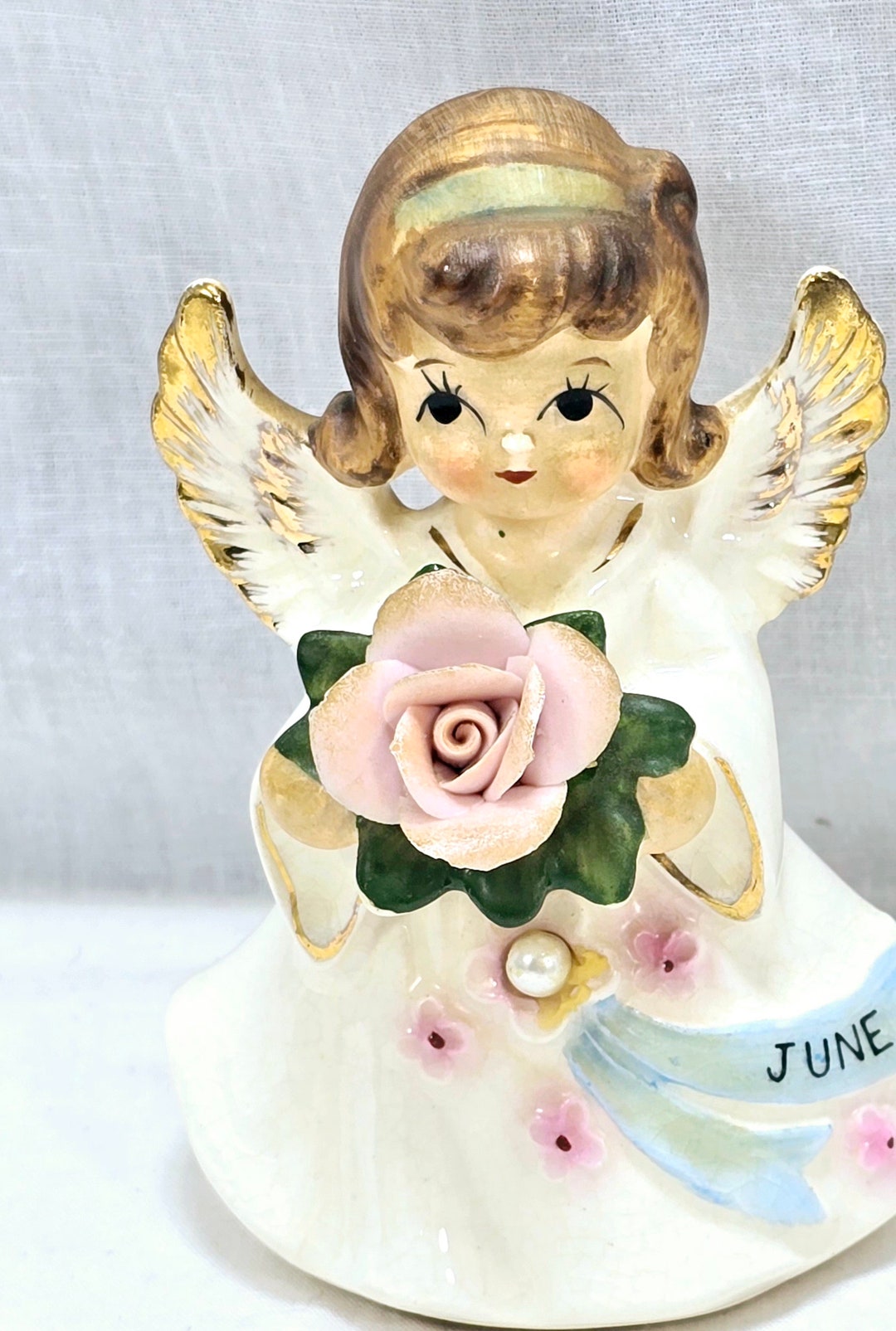 Vintage Lefton June Angel Pink Rose Pearl Flower Birthstone Ribbon ...
