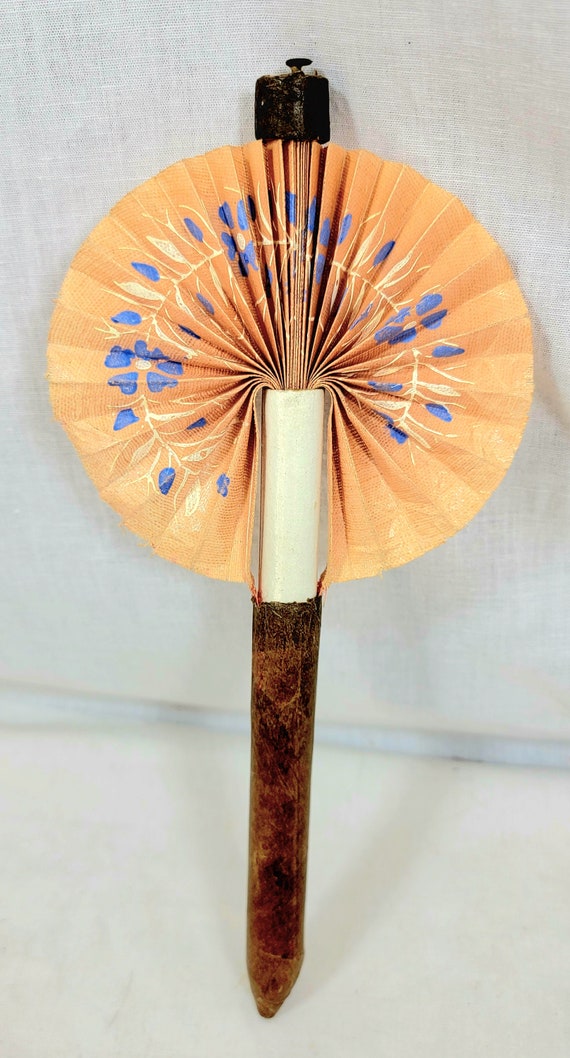 Antique Geisha Hand Fan, Wooden Fabric Primitive - Gem