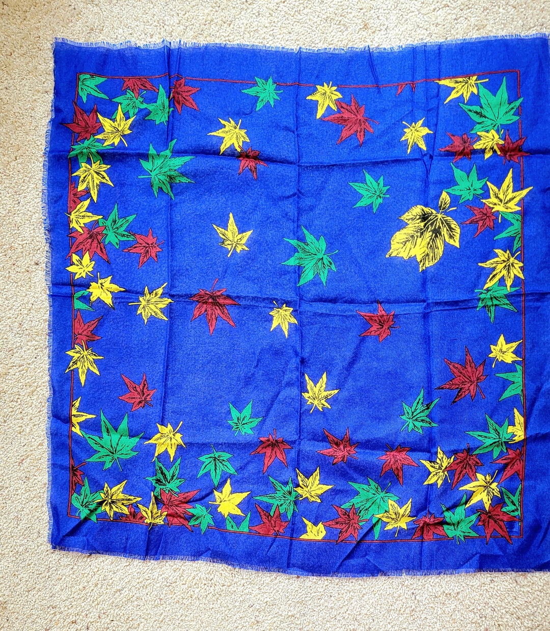 Royal Blue Square Scarf With Leaves in Red Green Red and Yellow, 100% ...