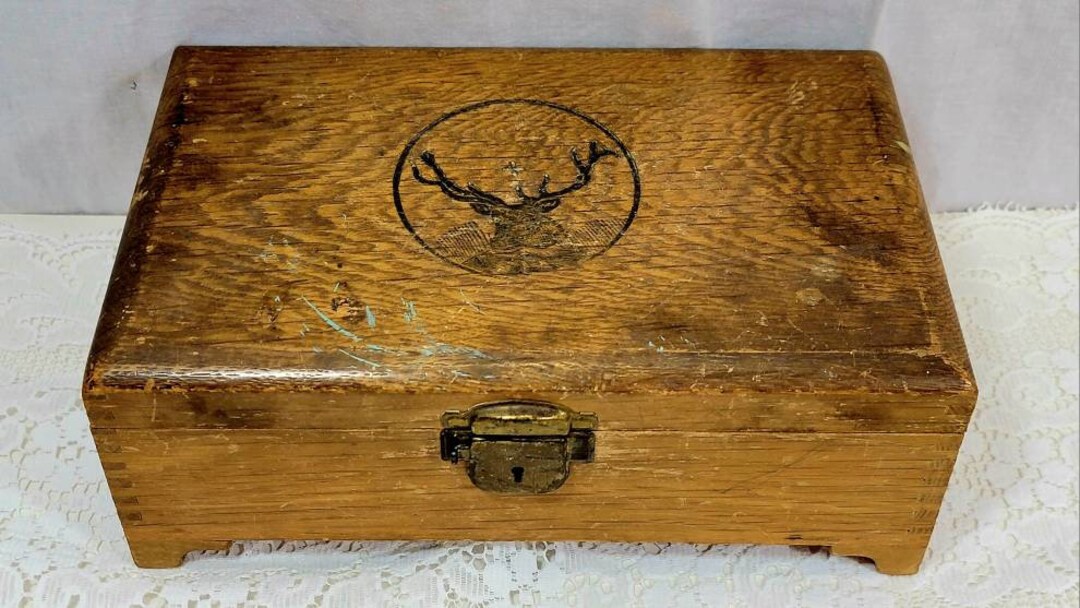 Antique Tiger Oak Cigar Box With Woodburned Stag in the Lid - Etsy