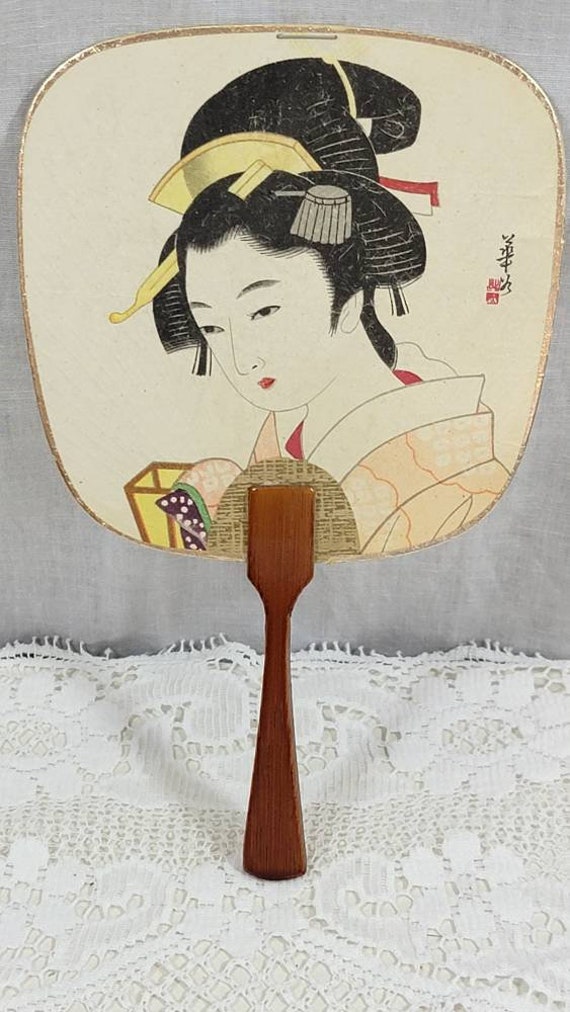 Small Japanese Paper Hand Fan Geisha Design with Bamb… - Gem