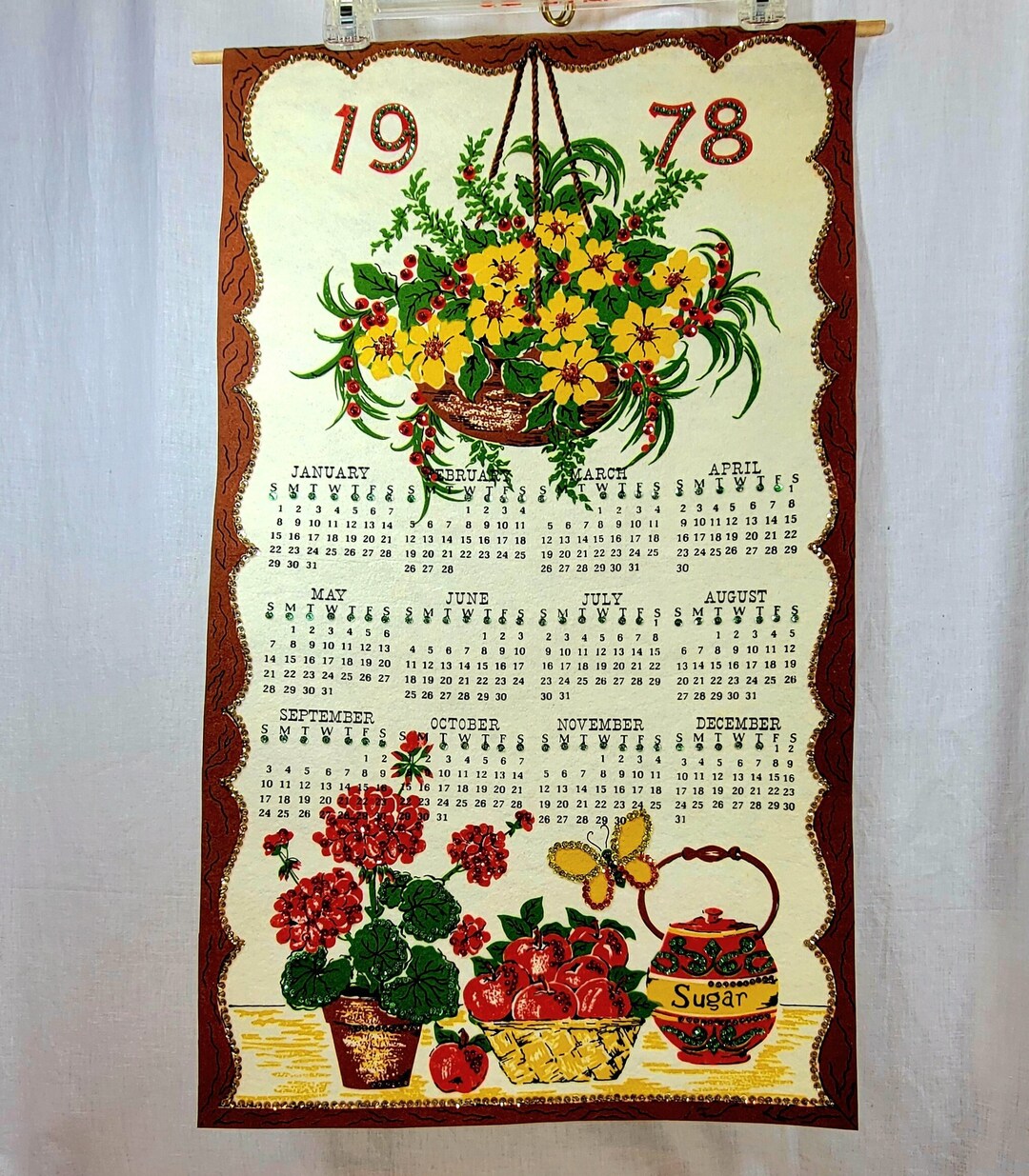 Vintage 1978 Felt Calendar Banner Sequin Beaded Flowers Geraniums and ...