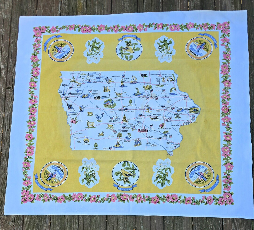 Vintage Tablecloth 1950s State of Iowa Hawkeye State the Goldfinch ...
