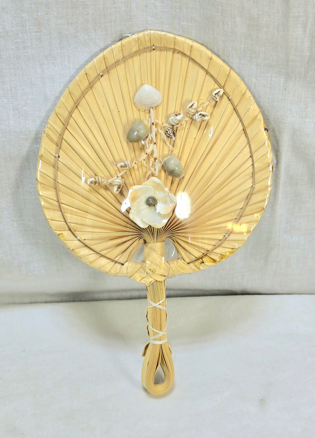 Vintage Woven Fan, Fixed Bamboo and Palm Leaves With Seashells Under ...