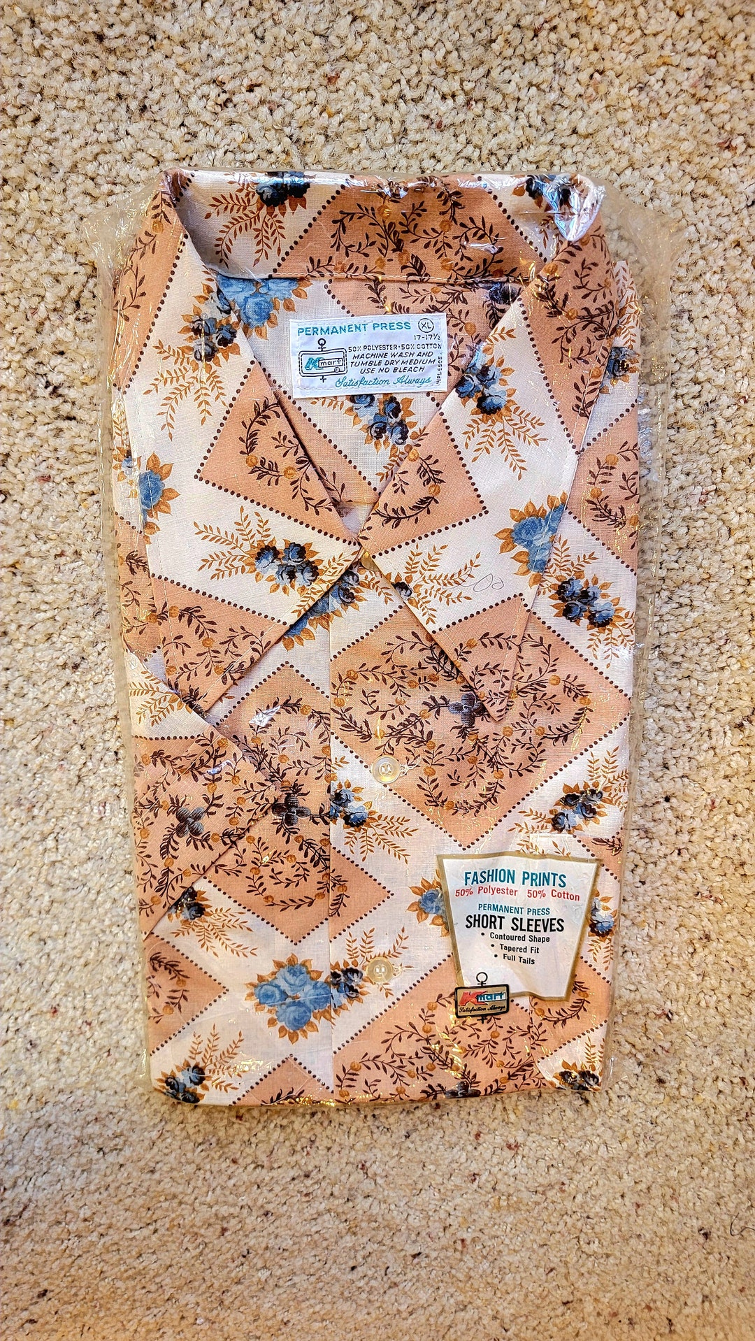 70s Men's Shirt Kmart Brown Blue Flower Print Pointy - Etsy