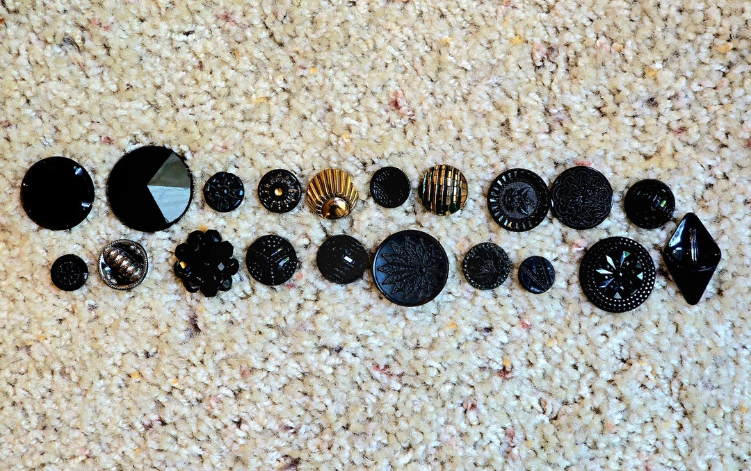 Antique Victorian Jet Black Glass Hand Carved Faceted Mourning Button ...