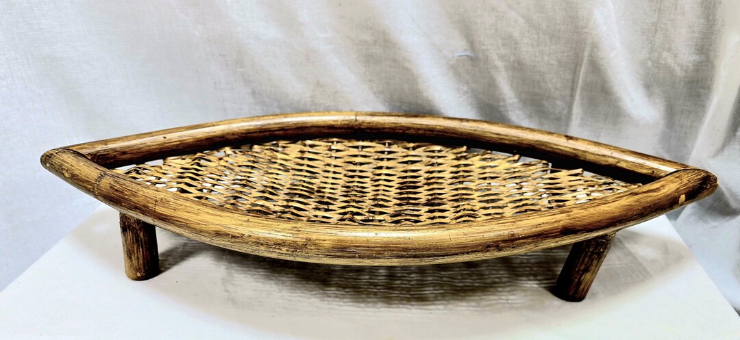 Large Woven Bamboo and Rattan Tray, Boat Shaped and Footed - Etsy