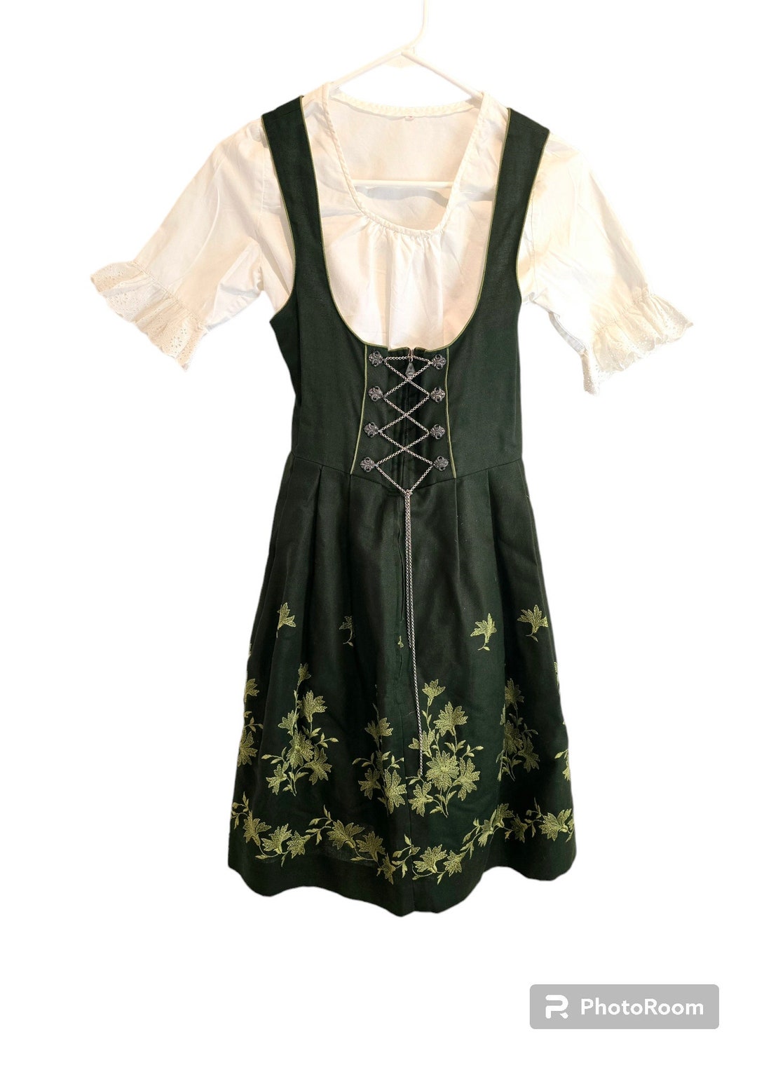 German Dirndl Dress Costume Green With Embroidered Flowers, Chain Tie ...
