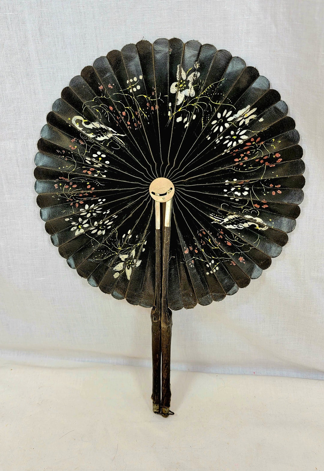 Vintage Cockade Style Waxed Linen Folding Hand Fan, Hand Painted Floral ...