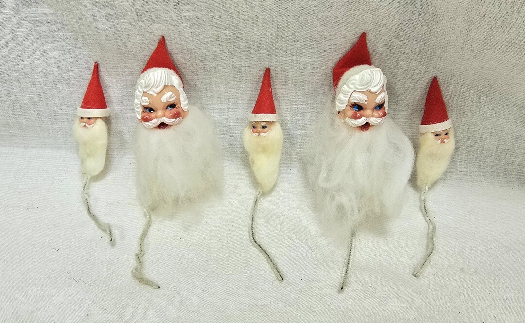 Lot of 5 Santa Head Picks, Cotton Beards With Plastic Faces and Pipe ...