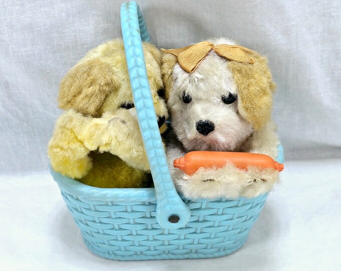 Vintage Japanese Wind up Little Puppy Dogs Eating in Blue Basket - Etsy