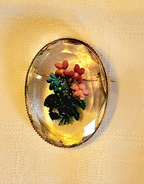 Vintage Reverse Painted Intaglio Glass Floral Violets… - Gem