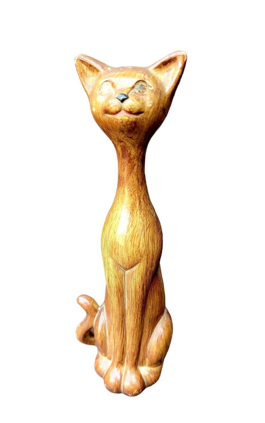Vintage MCM Long Neck Cat Figurine, Faux Wood?, Rhinestone Eyes - Etsy
